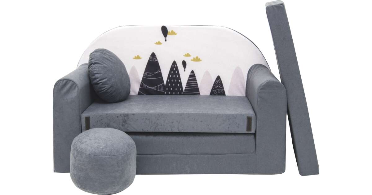 Mini canapea extensibilă pentru copii, cu model de munte, gri + cadou ...