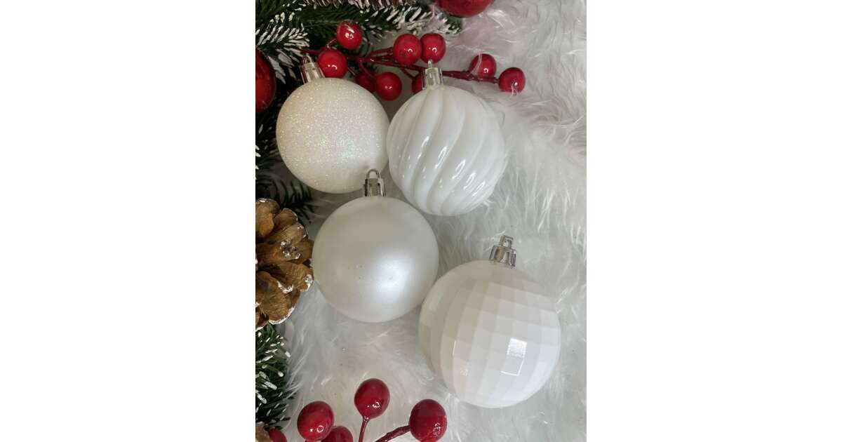 Karácsonyi labdák szett, 20 darab, 5 modell, 6 cm, fehér | Pepita.hu