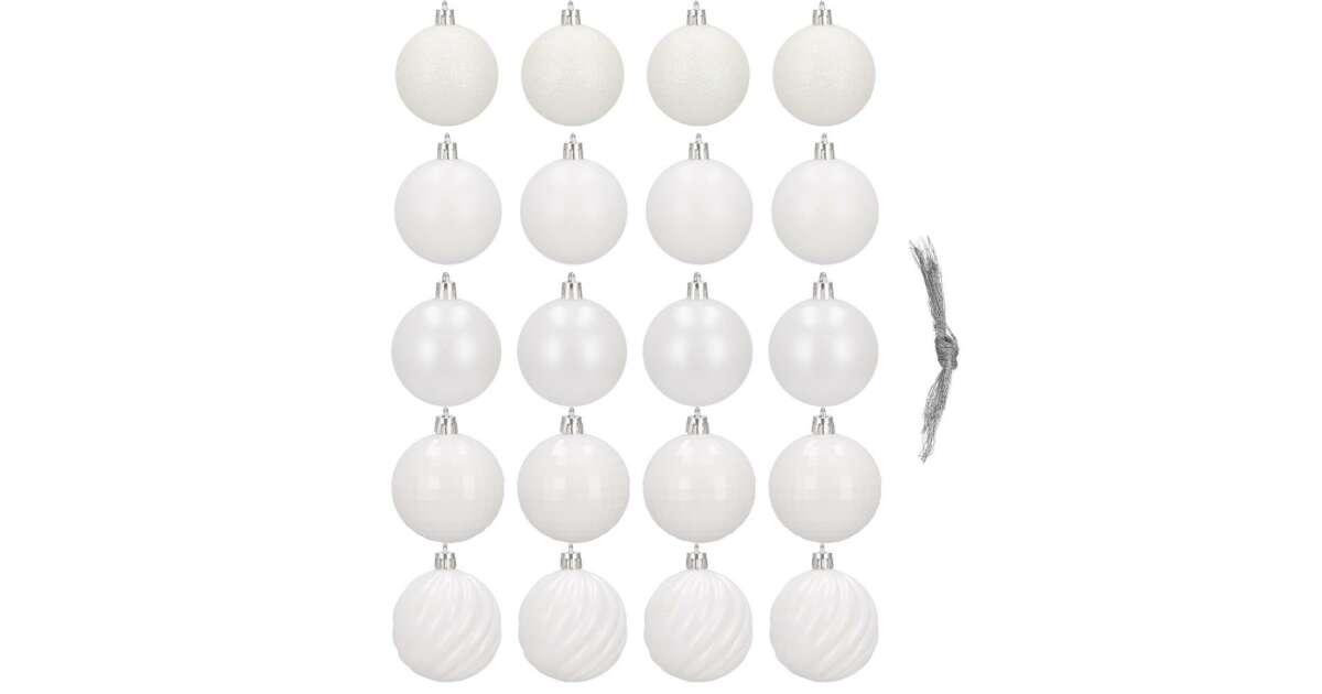 Karácsonyi labdák szett, 20 darab, 5 modell, 6 cm, fehér | Pepita.hu