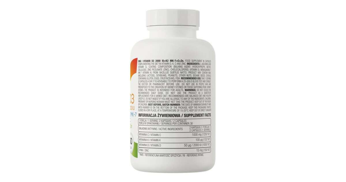 OstroVit Vitamin D3 2000 IU + K2 MK-7 + VC + Zinc - 60 Capsule | Pepita.com