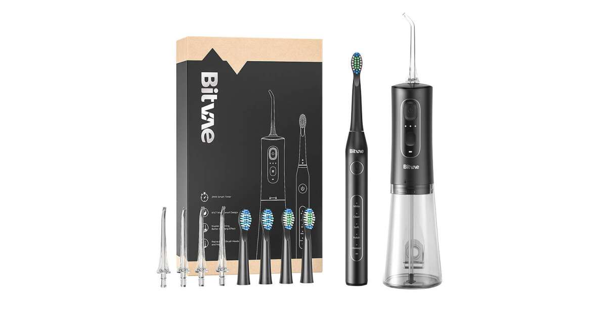 Sonic toothbrush with tips set and water flosser Bitvae D2+C2 (black ...