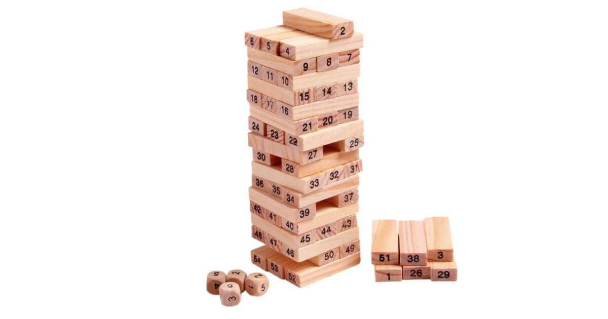 Mini Jenga torony játék, fa kockák, 54 db és 4 dobókocka, 50x17x9 mm ...
