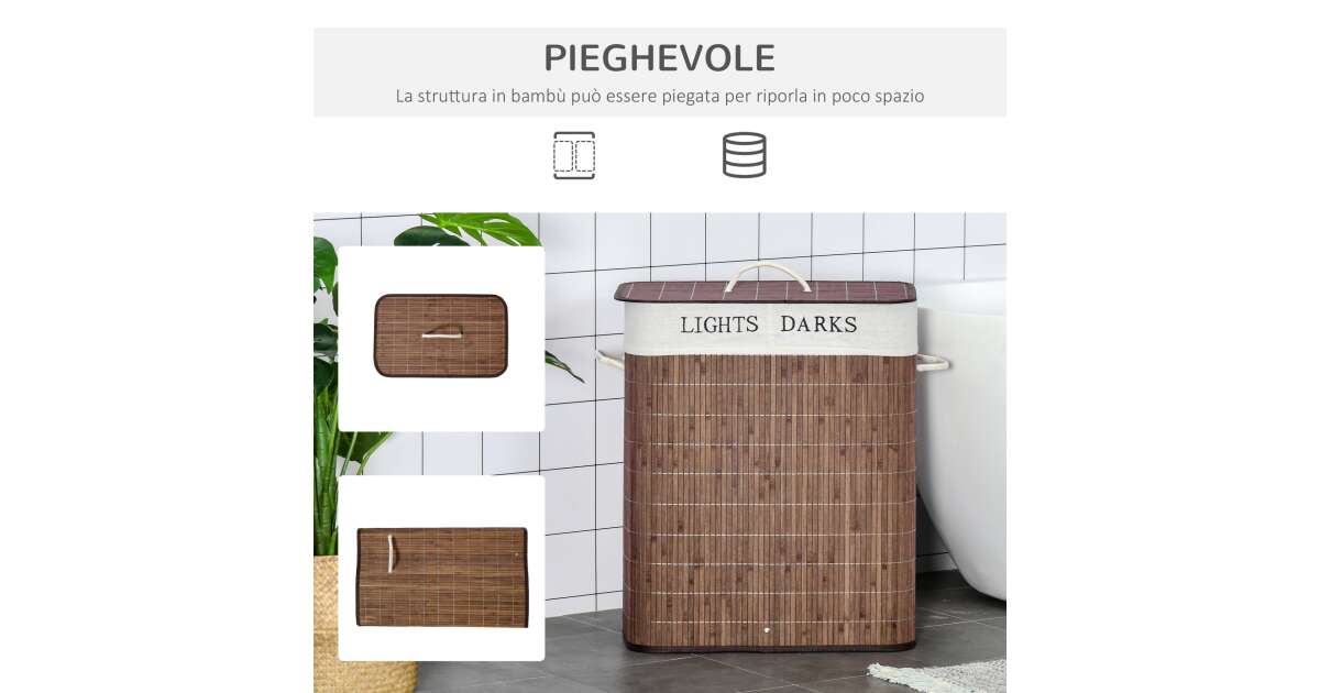 HomCom cos de rufe din bambus, 100L, 2 compartimente | Pepita.com