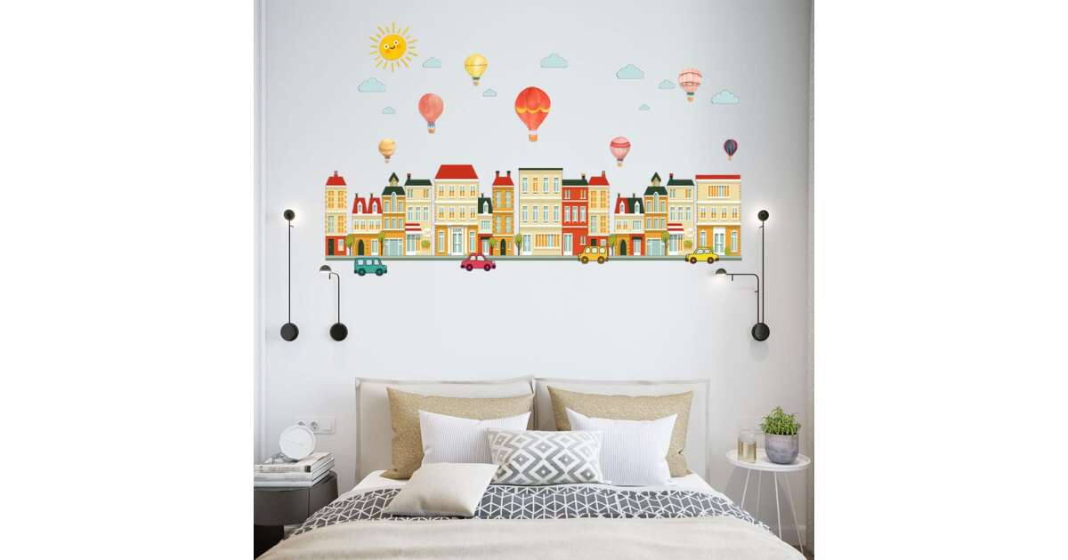 Sticker Autocolant Decorativ Cladiri si Baloane cu Aer Cald, 50 x 70cm ...