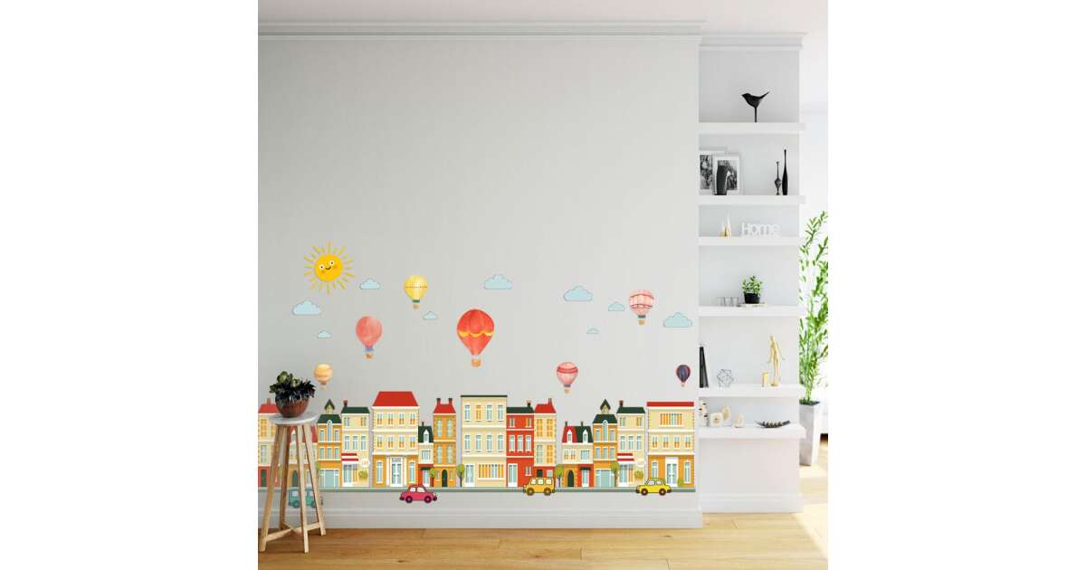 Sticker Autocolant Decorativ Cladiri si Baloane cu Aer Cald, 50 x 70cm ...