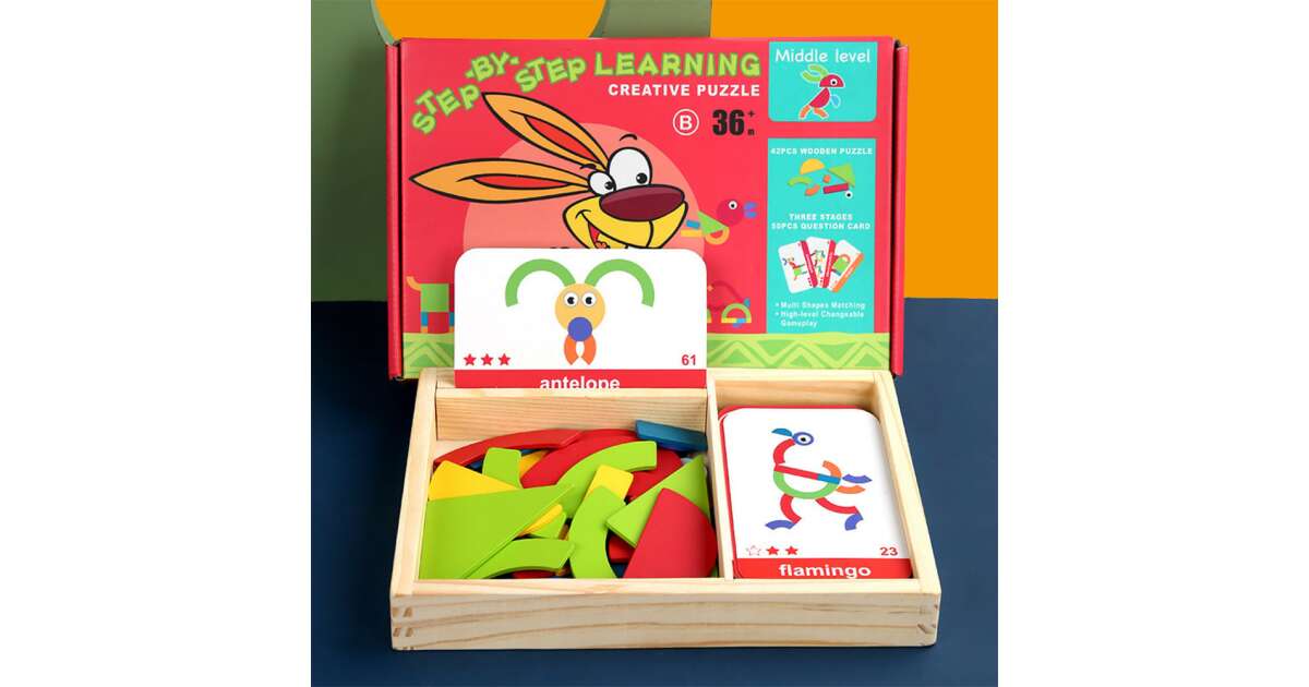 Joc magnetic tangram din lemn cu cărți englezești, nivel intermediar ...