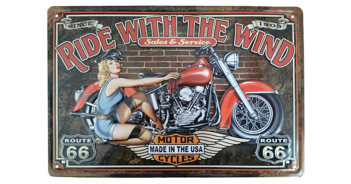 Route 66 Vintage Fémtábla - Motoros Dekor - 30x20cm | Pepita.hu