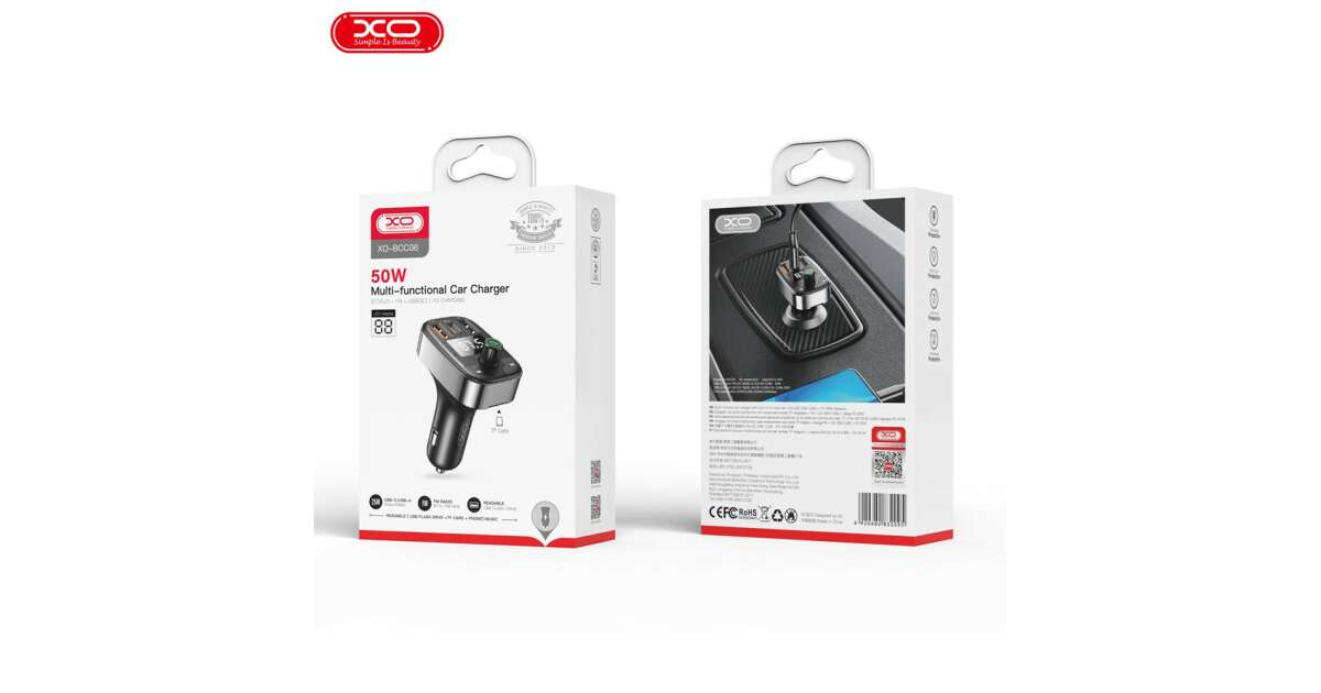 Bluetooth FM transmitter, 2xUSB / 1x Type-C, LED kijelző, TF kártyaolvasó, 50W / 3A, fekete, XO ...