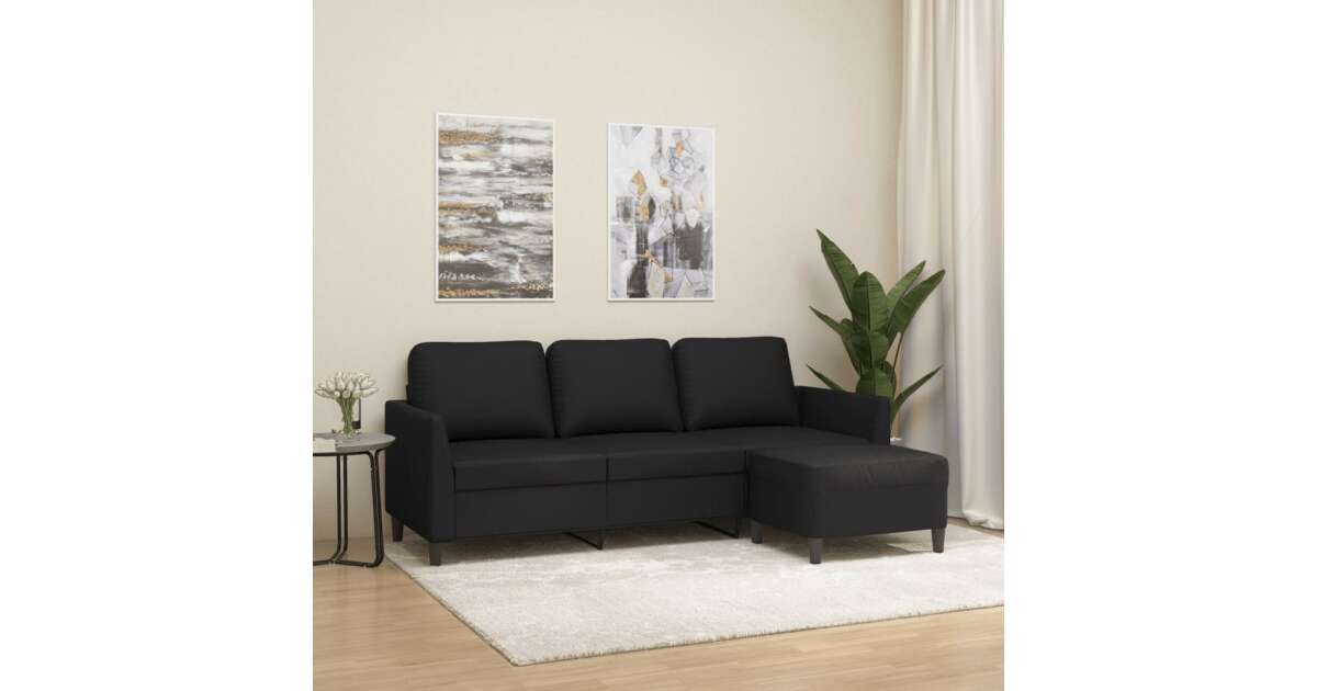 3 személyes fekete műbőr kanapé lábtartóval 180 cm | Pepita.hu