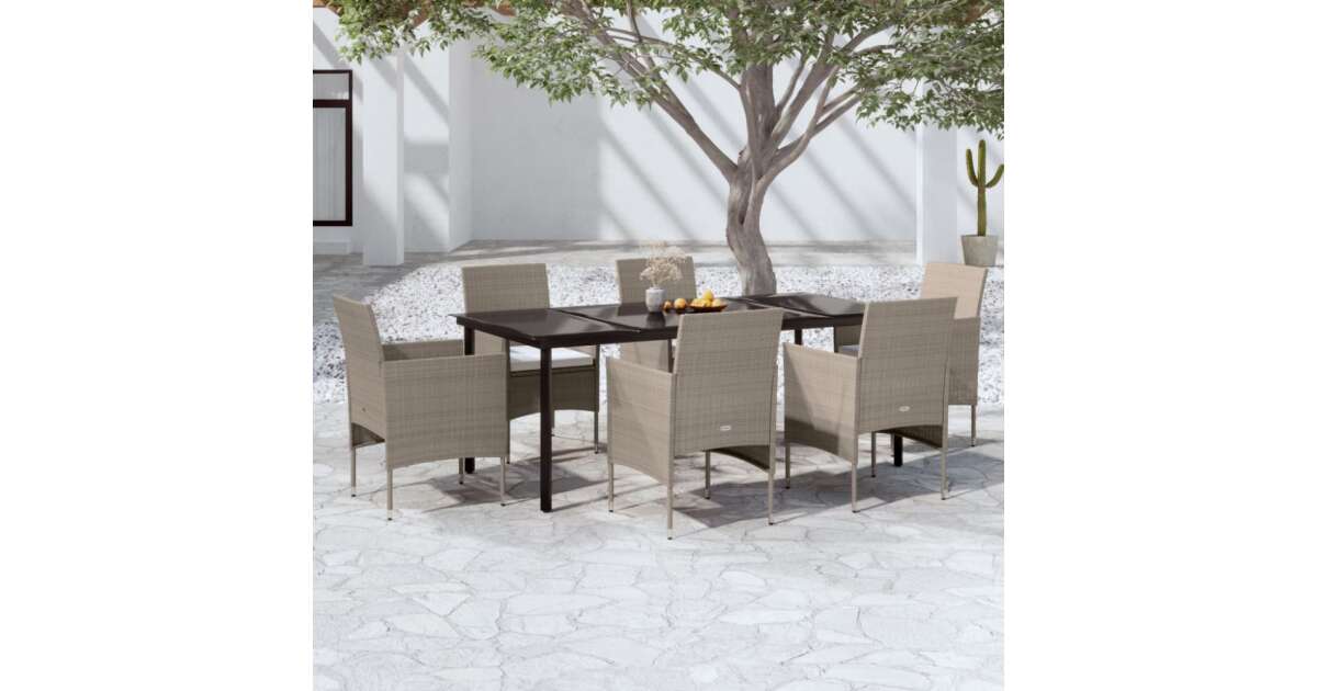 7 részes bézs és fekete kerti étkezőgarnitúra párnákkal | Pepita.hu