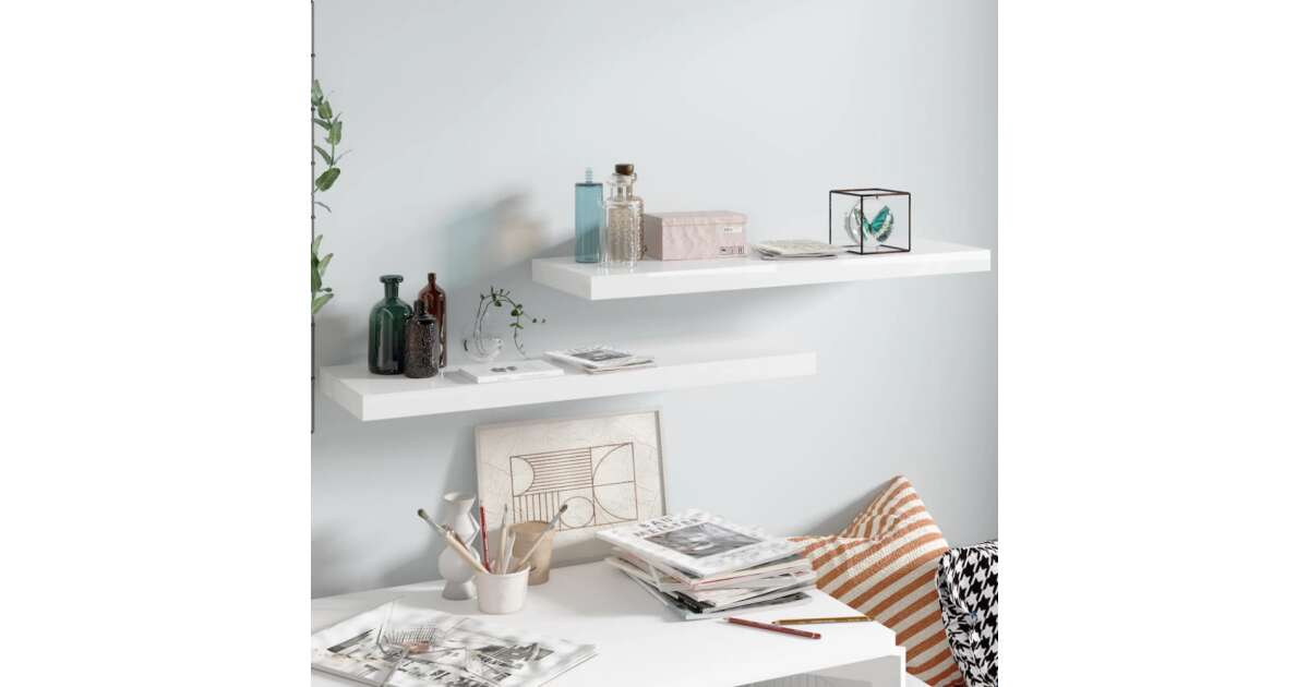 2 db magasfényű fehér MDF lebegő fali polc 80 x 23,5 x 3,8 cm | Pepita.hu