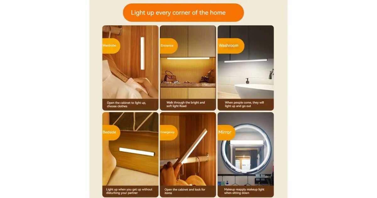 Mozgásérzékelős konyhaszekrény / lépcsőház led lámpa, usb töltés, fehér ...