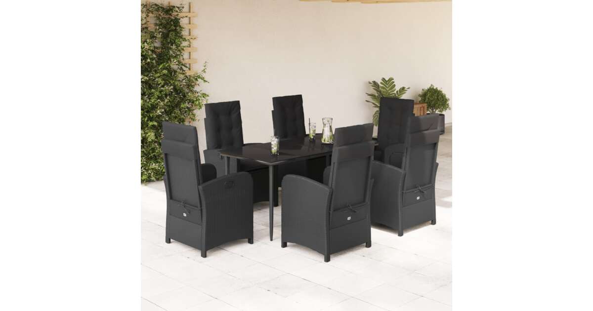 vidaXL 7 részes fekete polyrattan kerti étkezőgarnitúra párnával ...