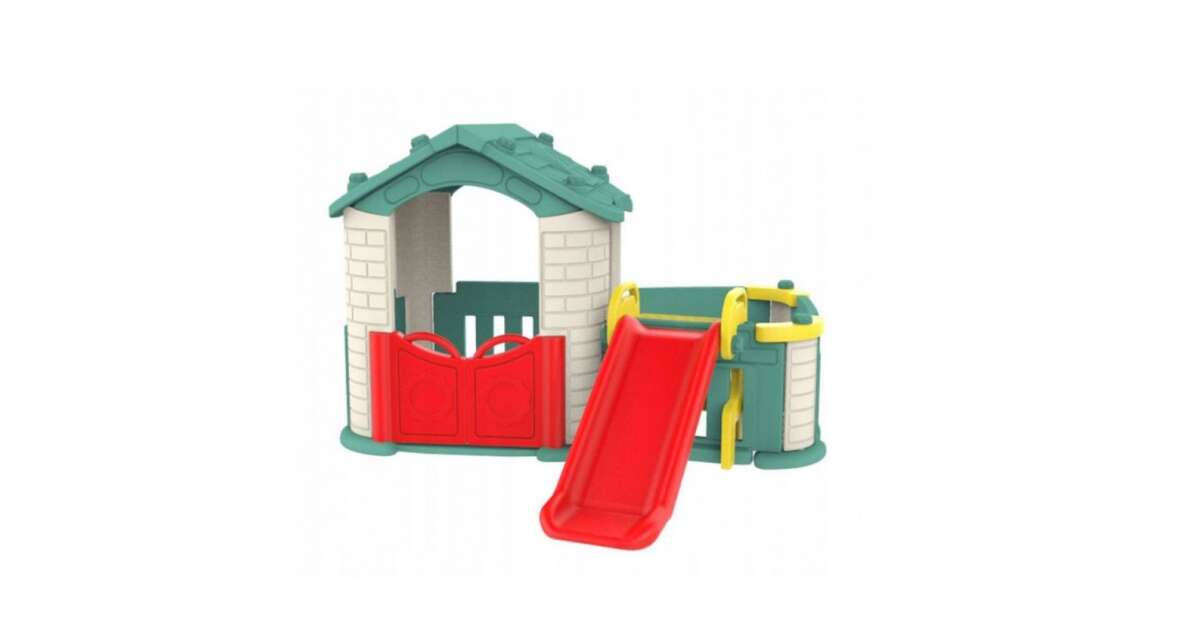 5 az 1-ben kerti fehér - zöld műanyag házikó csúszdával és kosárpalánkkal | Pepita.hu