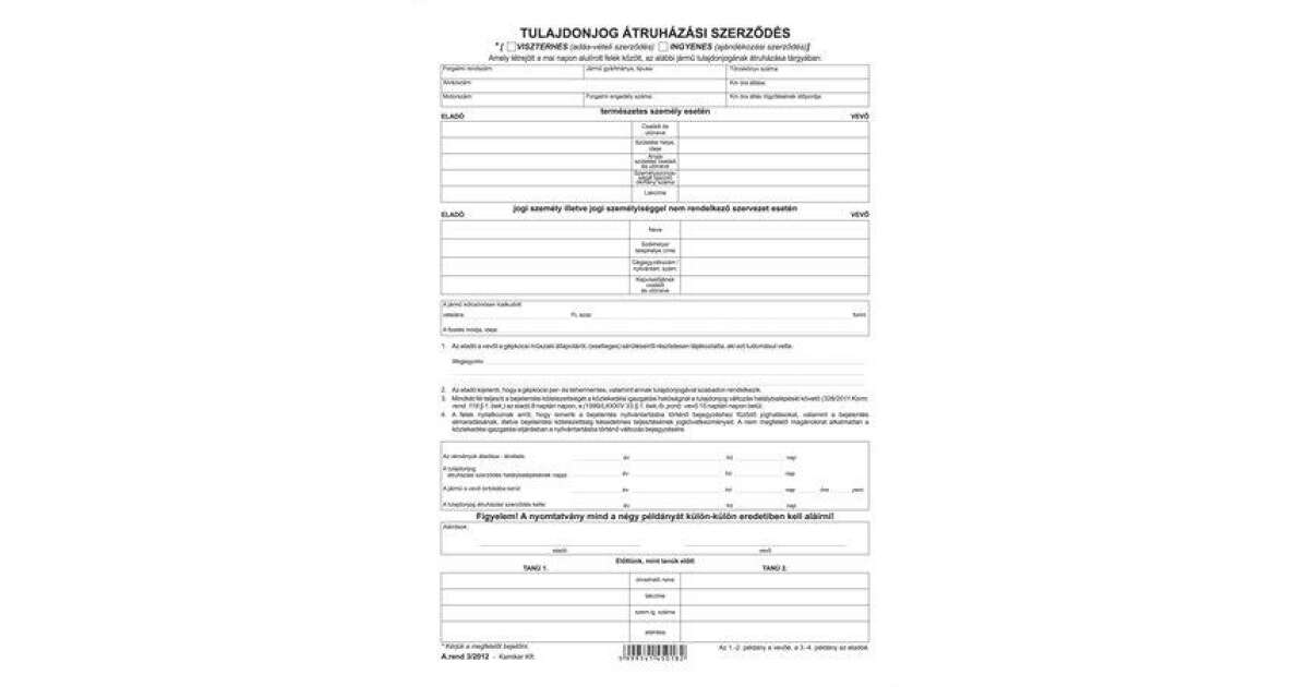 Nyomtatvány, tulajdonjog átruházási szerződés (adásvét.szer. gk), 4 ...
