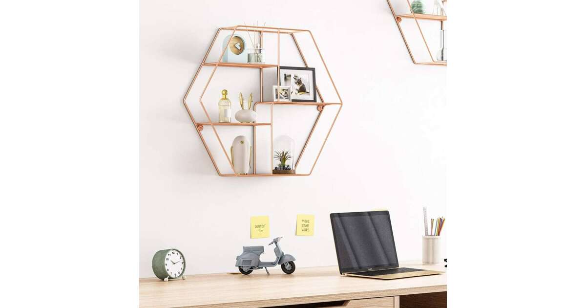 Hatszögletu fali polc, 4 hálós polccal- rose gold | Pepita.hu