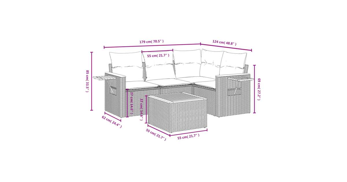 vidaXL 5 részes fekete polyrattan kerti kanapészett párnákkal | Pepita.hu