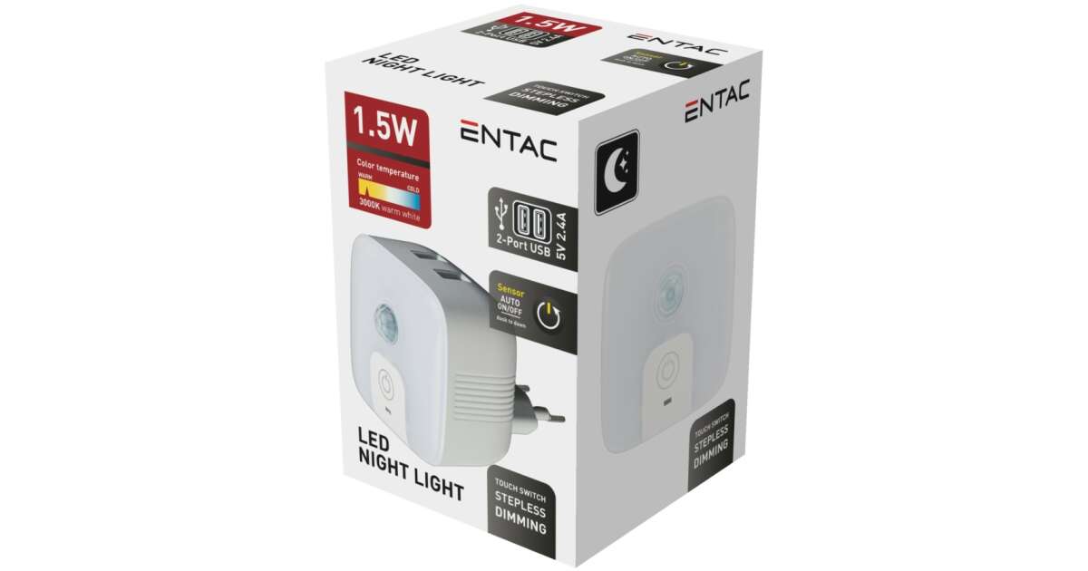 Entac éjjeli fény 3000K PIR szenzorral és 2 USB porttal | Pepita.hu