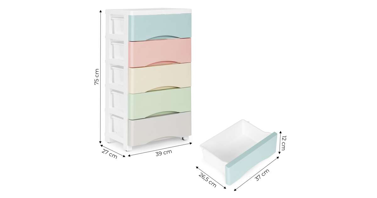 Bookcase with 5 pull-out drawers, wheeled legs, coloured drawers ...