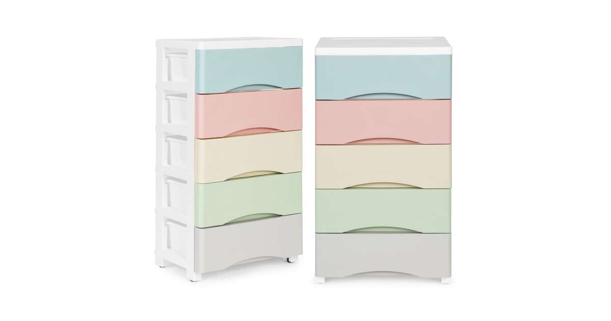 Bookcase with 5 pull-out drawers, wheeled legs, coloured drawers ...