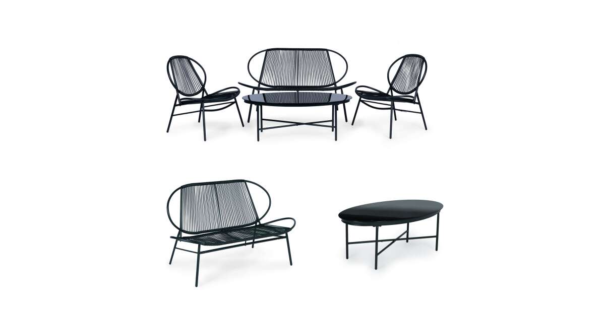 Set de mobilier de grădină din ratan cu scaune din metal, bancă și masă ...