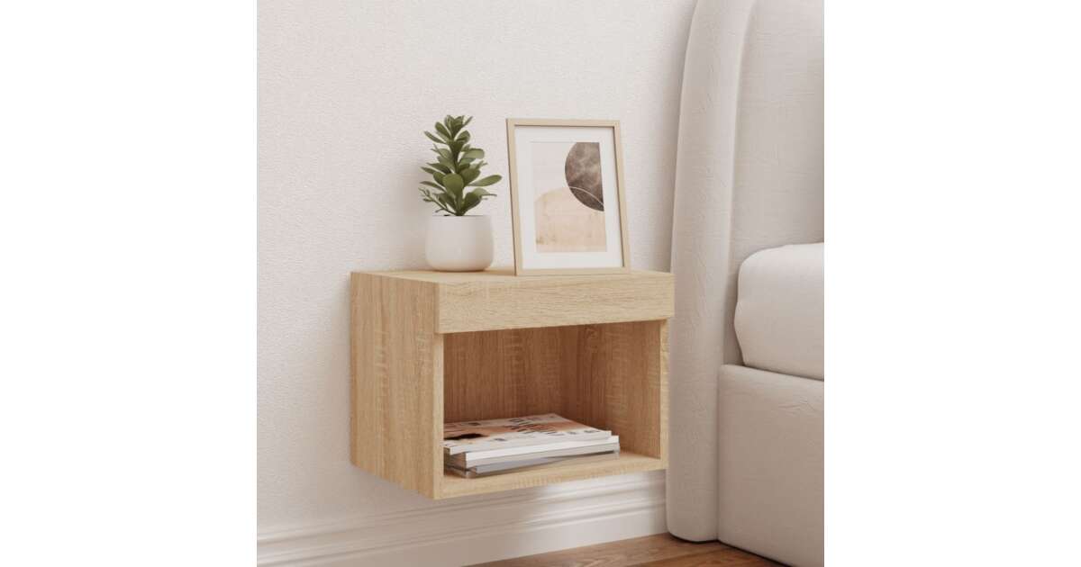 Sonoma tölgyszínű falra szerelhető éjjeliszekrény led lámpákkal (837117 ...