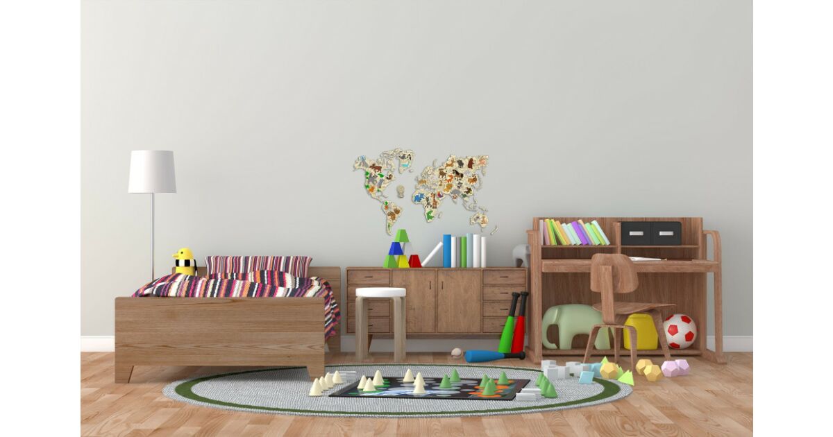 3D-Holzpuzzle, zum Ausmalen, an die Wand klebbare Weltkarte, Tiere 57 x ...