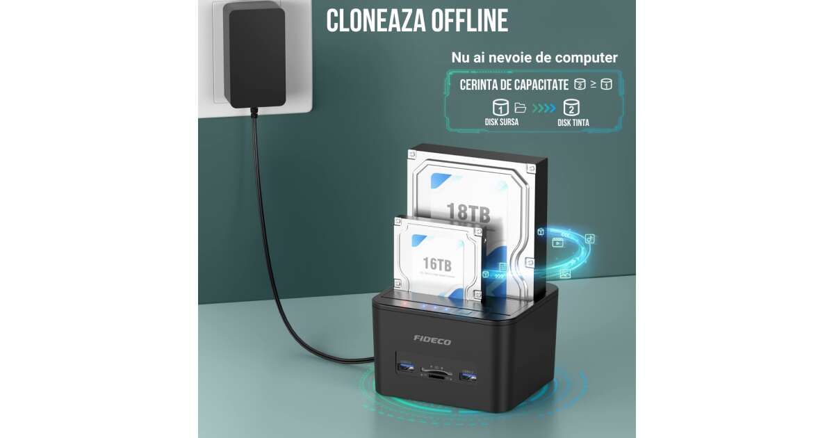Statie de andocare Hard disk dubla, FIDECO, USB 3.1, Rack compatibil ...