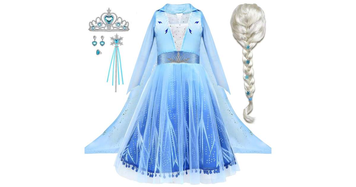 Rochie Elsa Frozen 2 pentru fete, Set cu coroană, perucă și accesorii ...