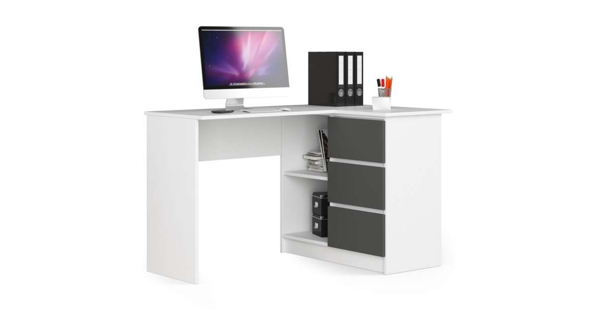 Akord Sarok Íróasztal B16 CLP Jobb Fehér/Szürke, 124x77x85 cm, 3 Fiókos ...
