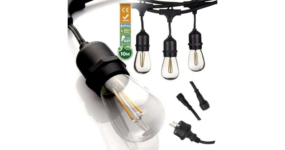 Kültéri fényfüzér kerti égősor girland 10m + 11db 1W LED izzó IP44 E27 ...
