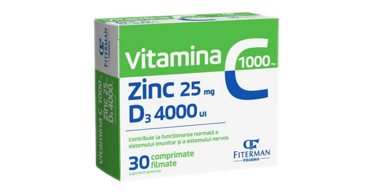 Vitamina C 1000 mg + Zn 25 mg + D3 4000UI, 30 comprimate filmate, Fiterman | Pepita.com