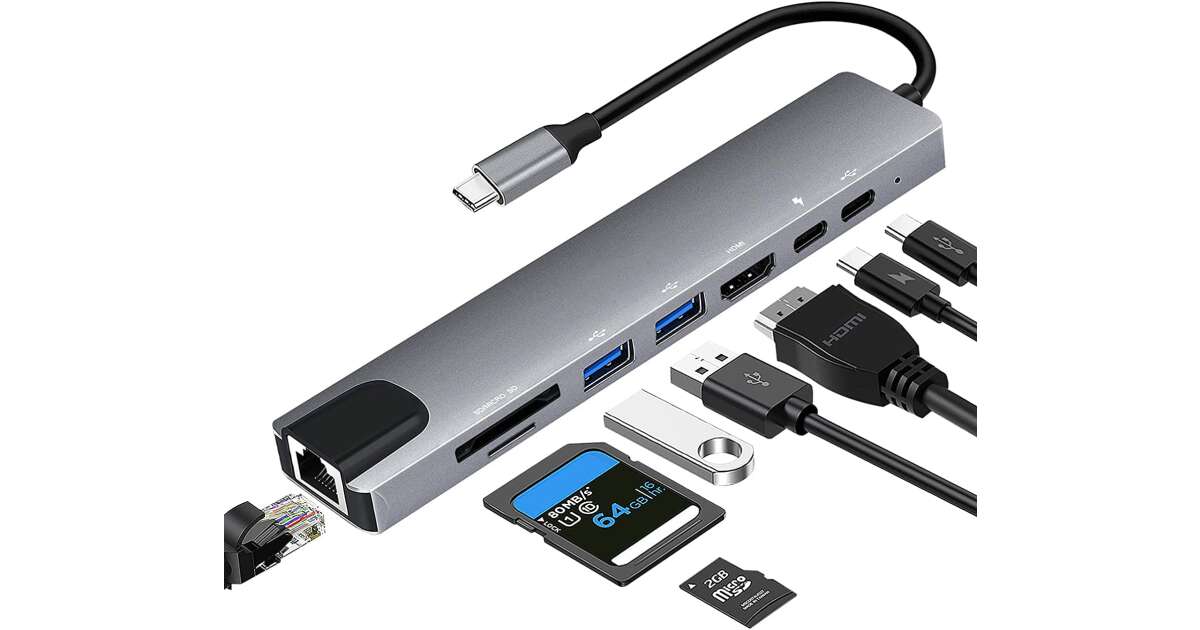 Hub Adaptor Multiport 8 in 1 USB-C 3.1 Axeloni ® la HDMI 4K / LAN RJ45 ...
