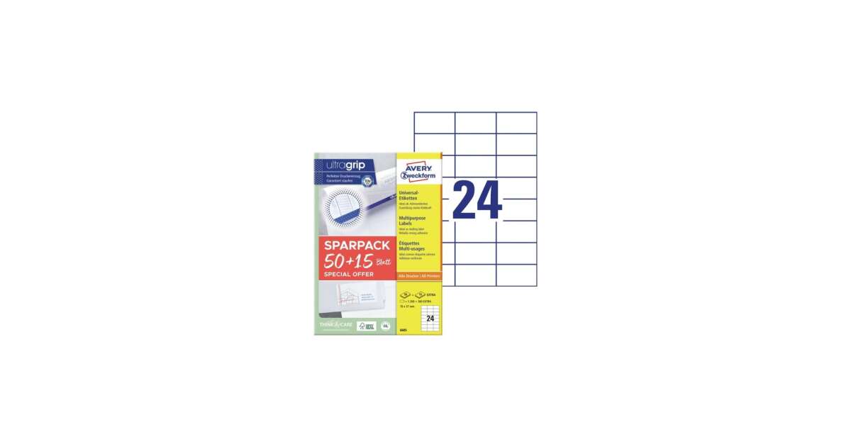 Label tag, 70x37mm, universal, 65 sheets, 24 labels/sheet avery, white ...