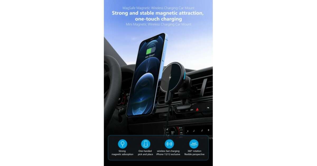 Magnetic MagSafe Car Mount with 15W Wireless Fast Charge QC3.0 Qi ...