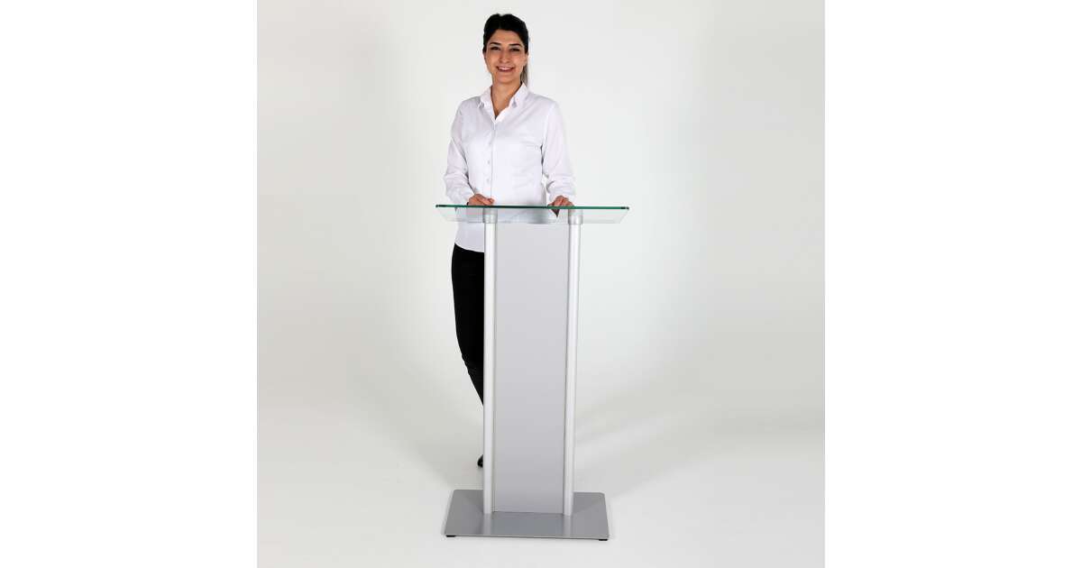 Előadói pulpitus, üveg fedlappal, ezüst színű, alumínium előlappal ...