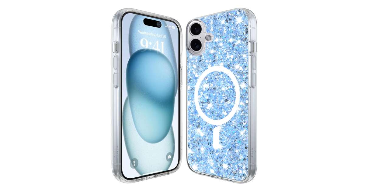 iPhone 16 Plus tok, Glitter MagSafe, mágneses rögzítés, kék | Pepita.hu