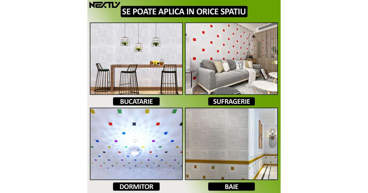 Set 50 x tapet autoadeziv 3D NEXTLY, pentru tavan/perete, design ...
