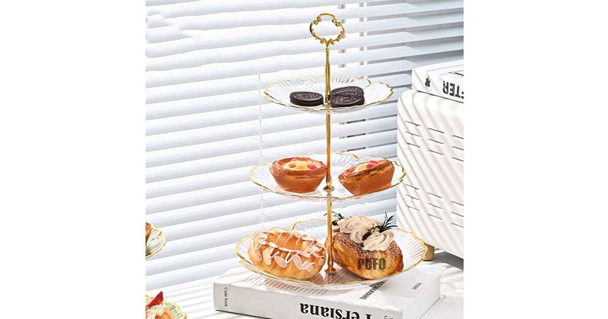 Fructiera etajata Pufo Luxury cu 3 nivele, pentru prajituri, torturi ...