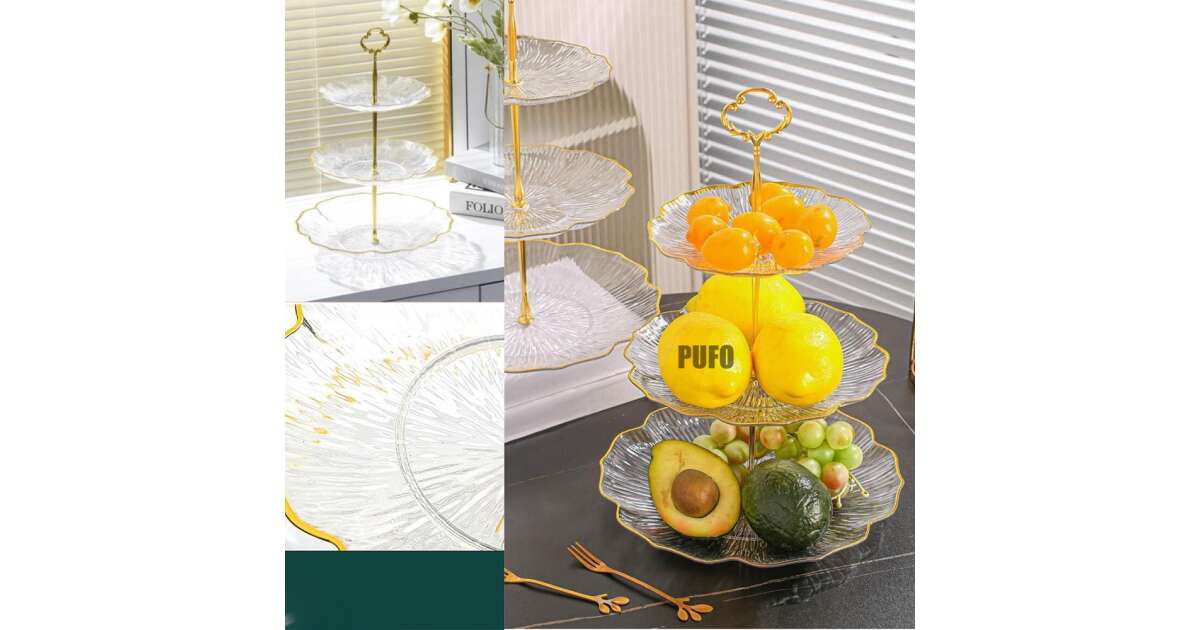 Fructiera etajata Pufo Luxury cu 3 nivele, pentru prajituri, torturi ...