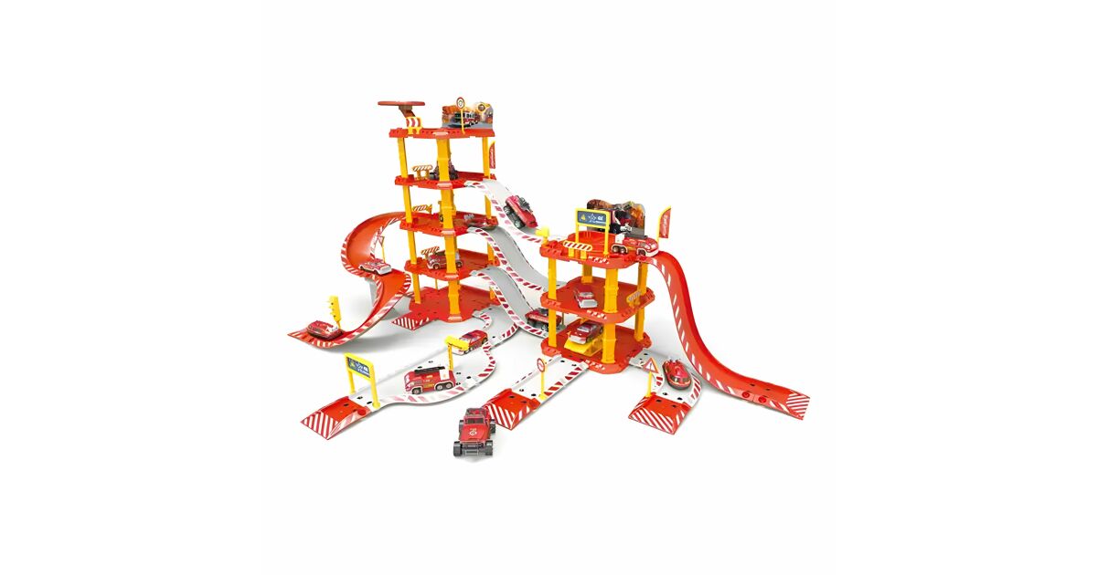 nagy tűzoltóállomás Parkolóház, 4 szint, benzinkút, 100 elem - Piros ...