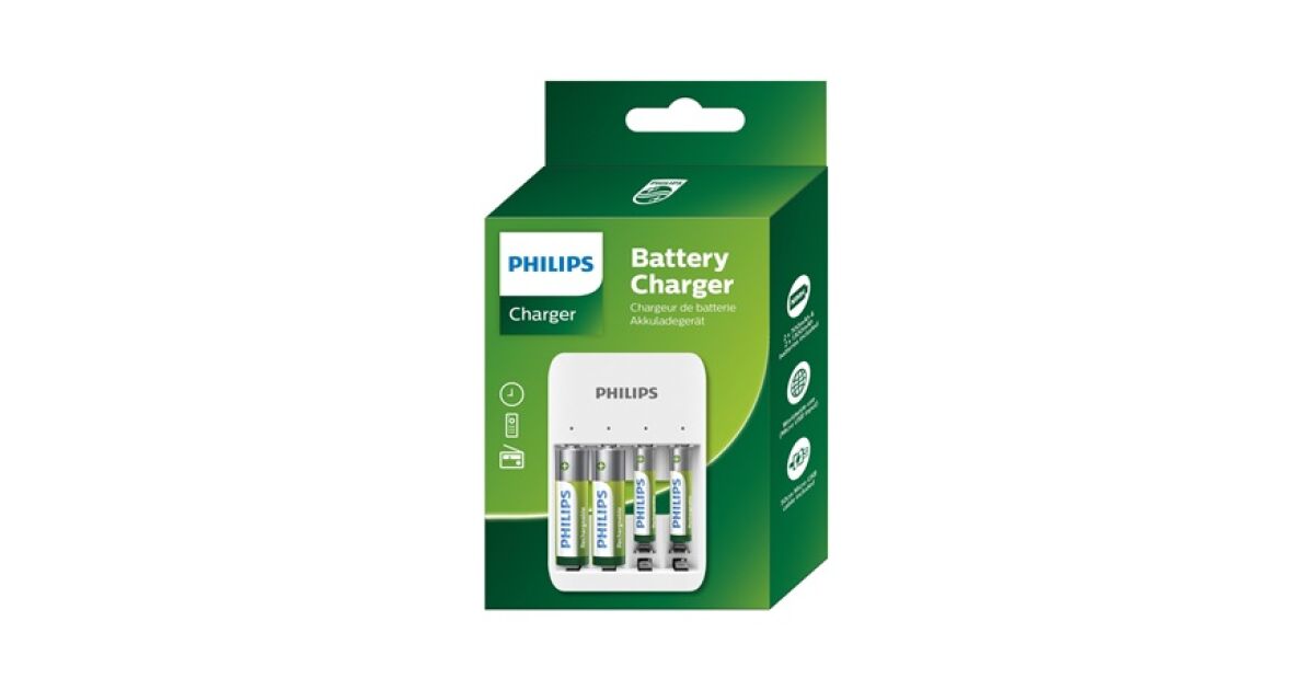 Philips SCB4013NB/00 4x AA / AAA NiMH Akku-Ladegerät + 4 Stück Akkus ...