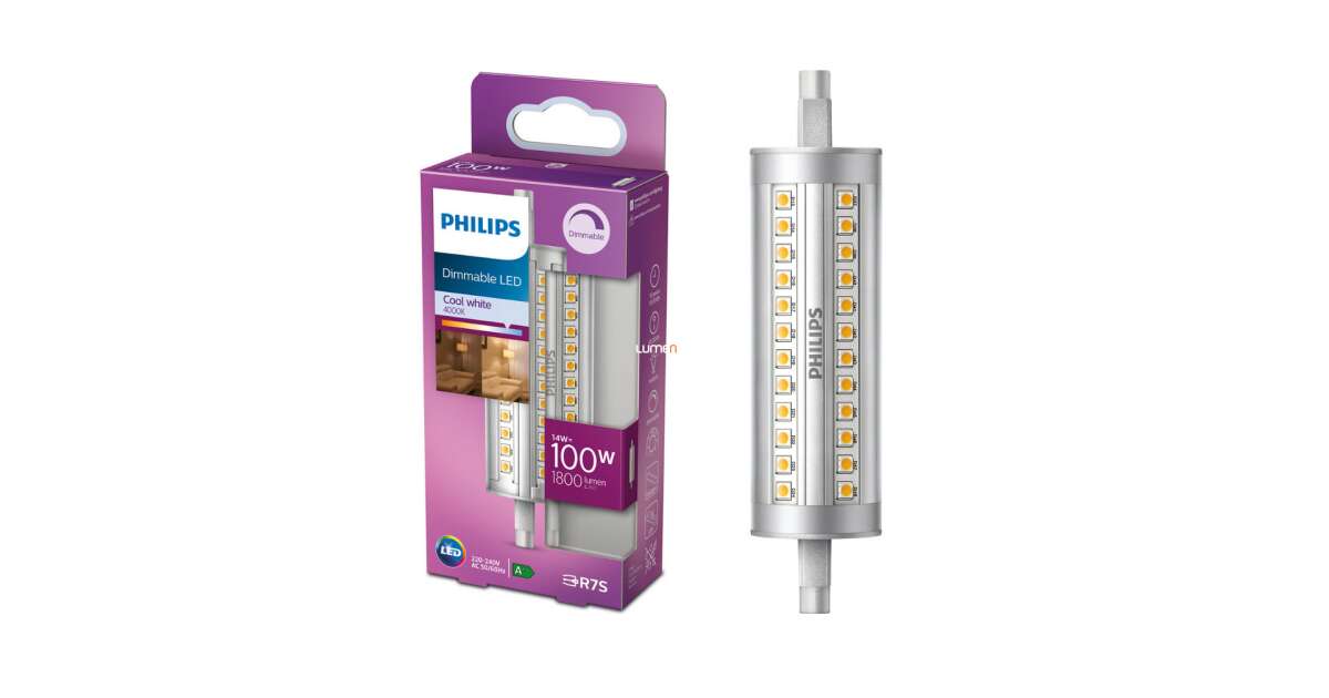 Philips R7S LED 14W 1800lm 4000K hideg fehér szabályozható 118mm - 100W ...