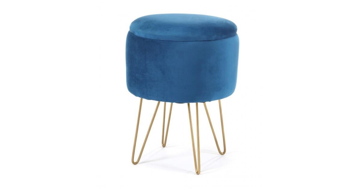 Taburet, rotund, cu spatiu depozitare, catifea, albastru, max 90 kg ...