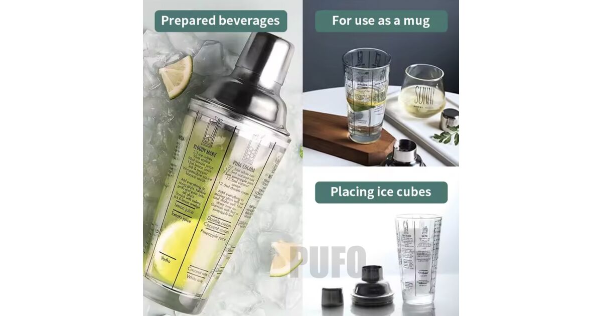 Shaker din sticla Pufo Cocktail cu capac pentru bar si cocktail, 450 ml ...