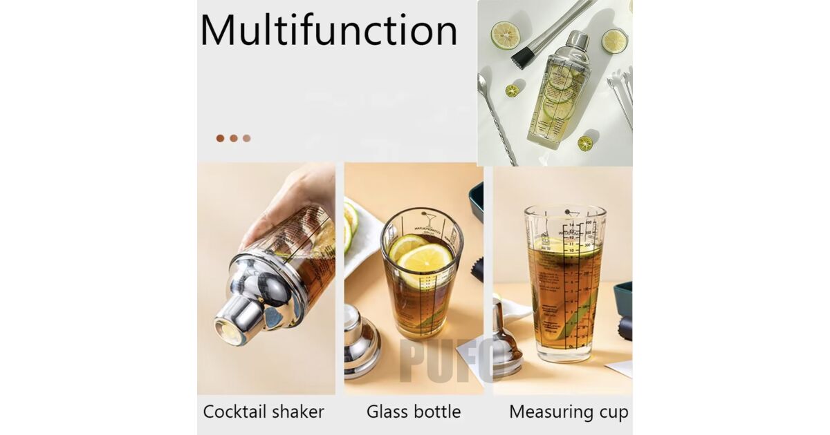 Shaker din sticla Pufo Cocktail cu capac pentru bar si cocktail, 450 ml ...