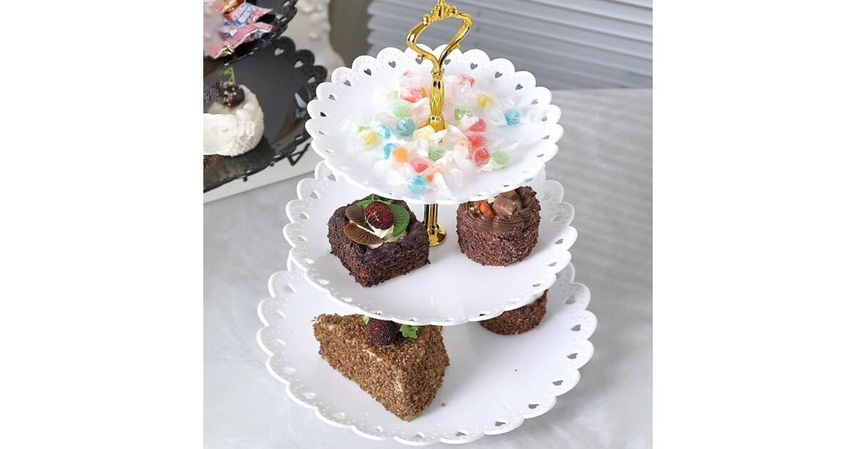 Fructiera etajata Pufo Cookies cu 3 nivele, pentru prajituri, torturi ...