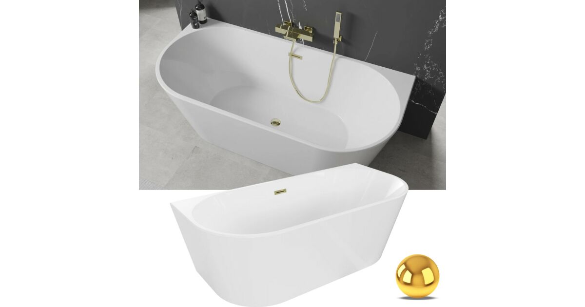 HD Florida White félszabadonálló akril kád fényes arany túlfolyóval és click-clack leeresztővel ...