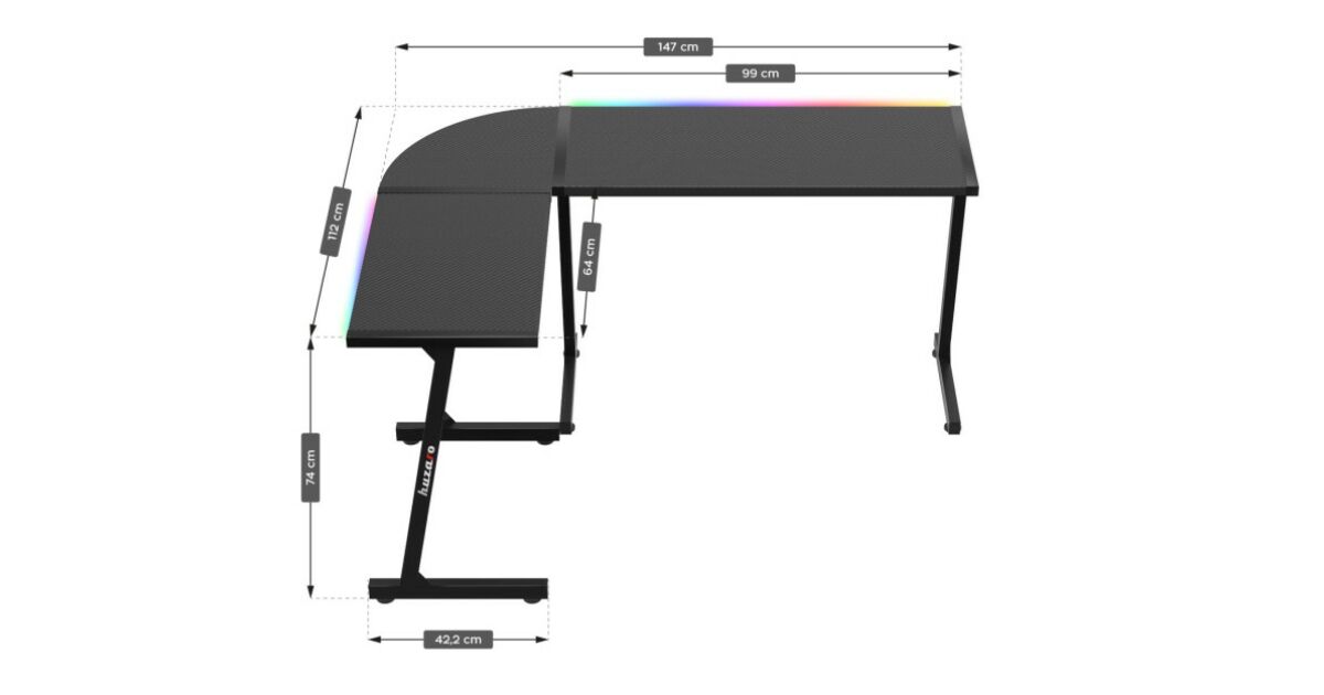 Sarok gamer asztal, íróasztal 147x112cm RGB SMART fekete. | Pepita.hu
