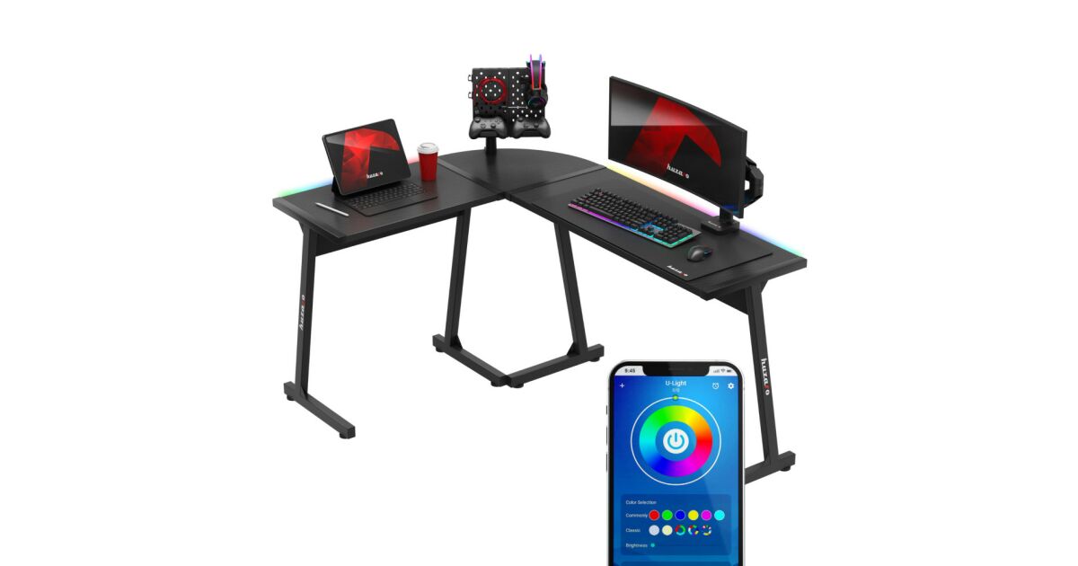Sarok gamer asztal, íróasztal 147x112cm RGB SMART fekete. | Pepita.hu